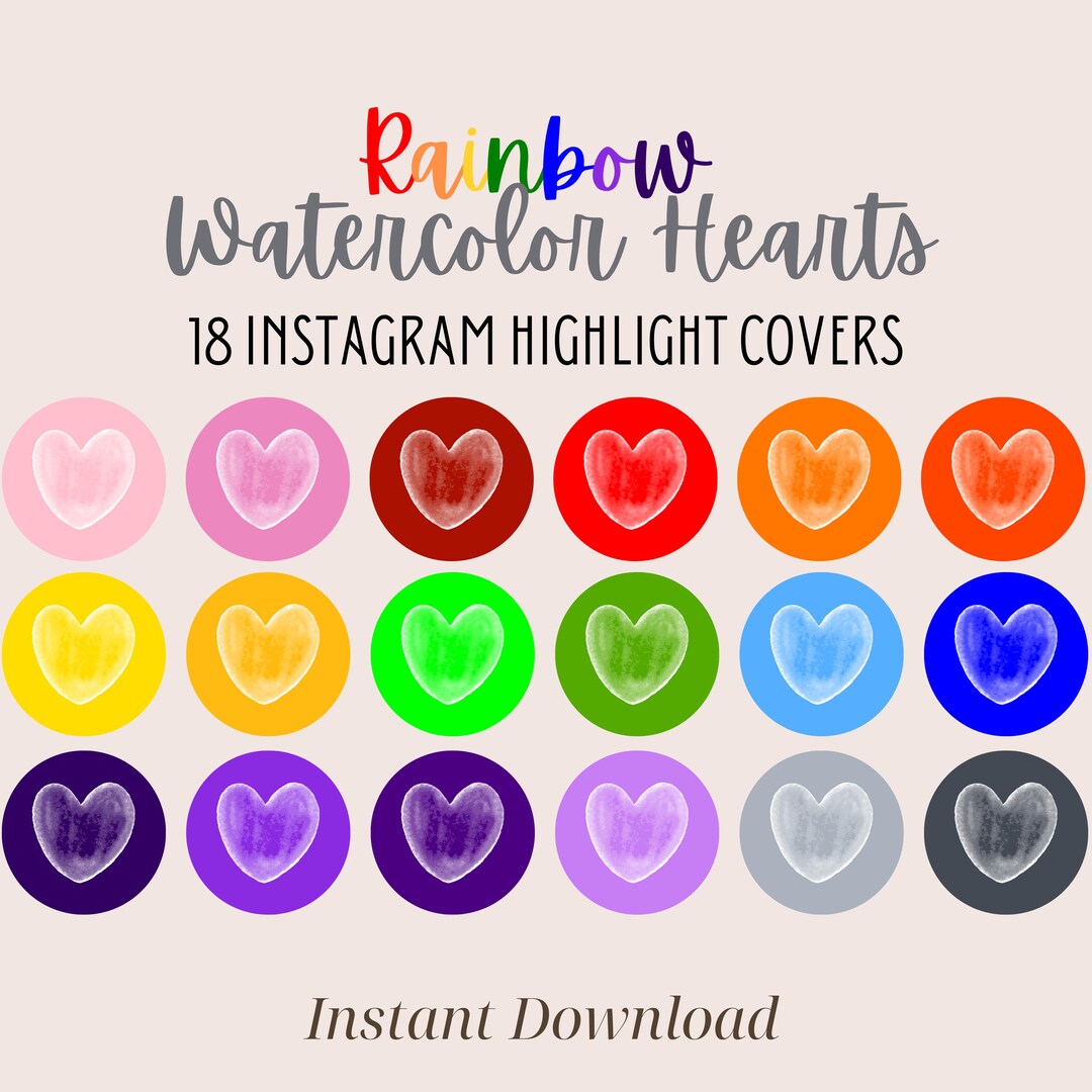 18 Colorful Instagram Highlight Covers, Rainbow Watercolor Hearts IG ...