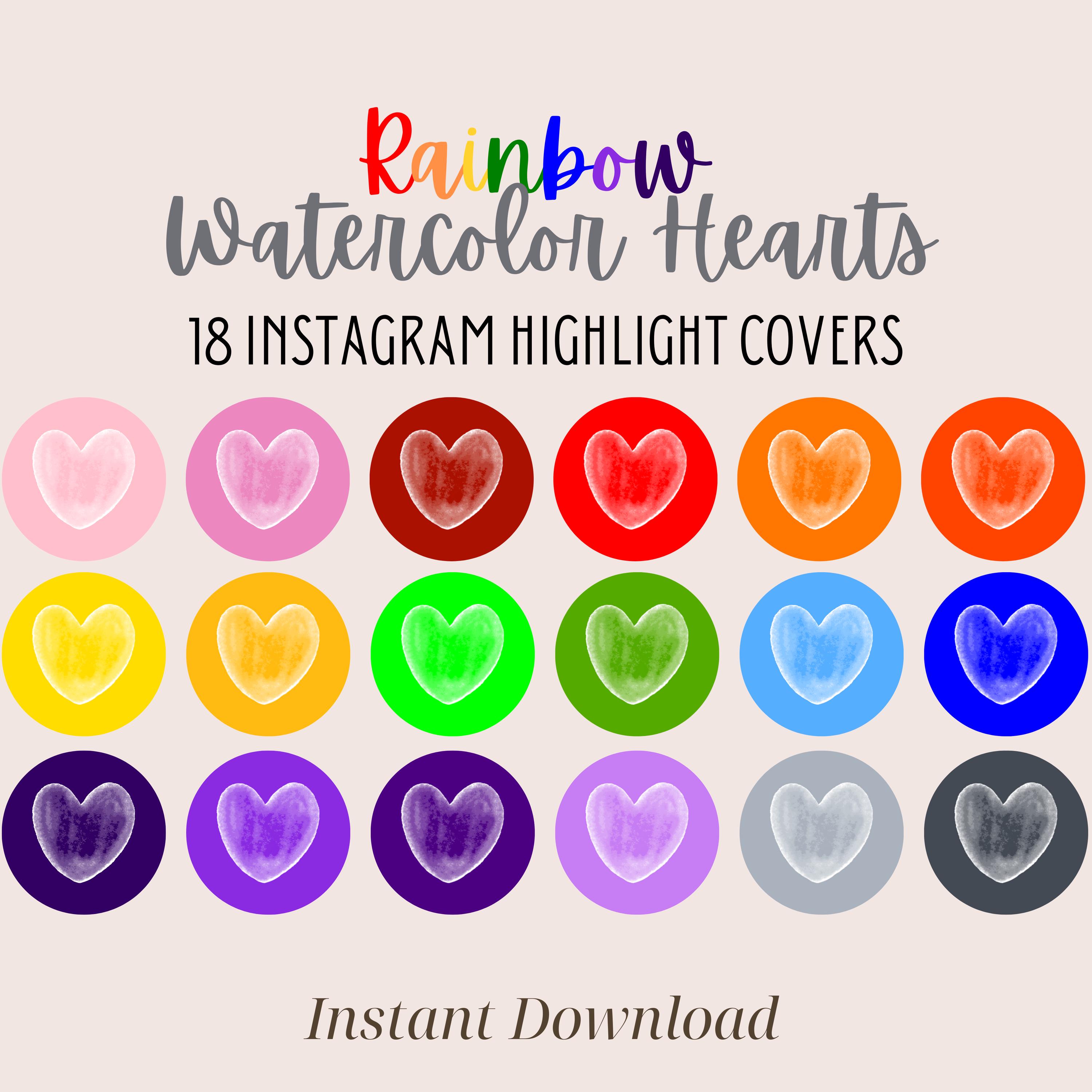 18 Colorful Instagram Highlight Covers, Rainbow Watercolor Hearts IG ...