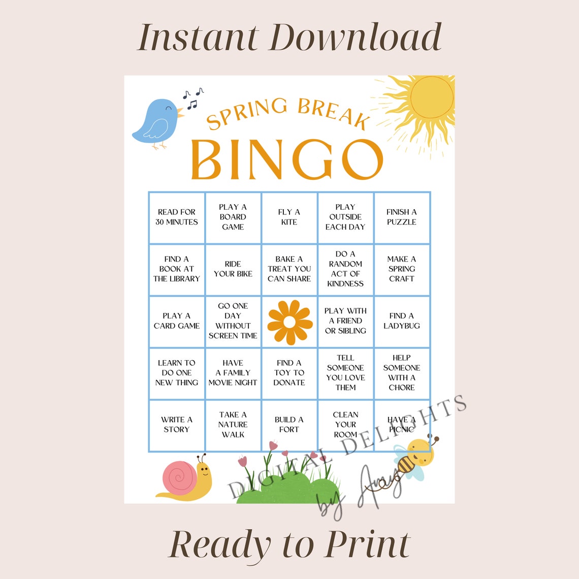 Spring Break Bingo for Kids, Spring Break Bingo Card, School Bingo ...