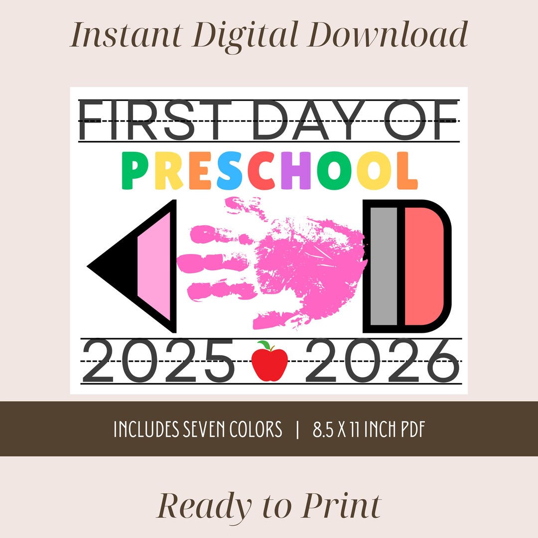 Pencil First Day of Preschool Handprint Craft, Back to School Printable ...