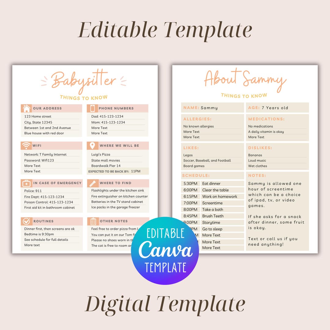 Editable Babysitter Notes Information Sheet, Simple Babysitting ...