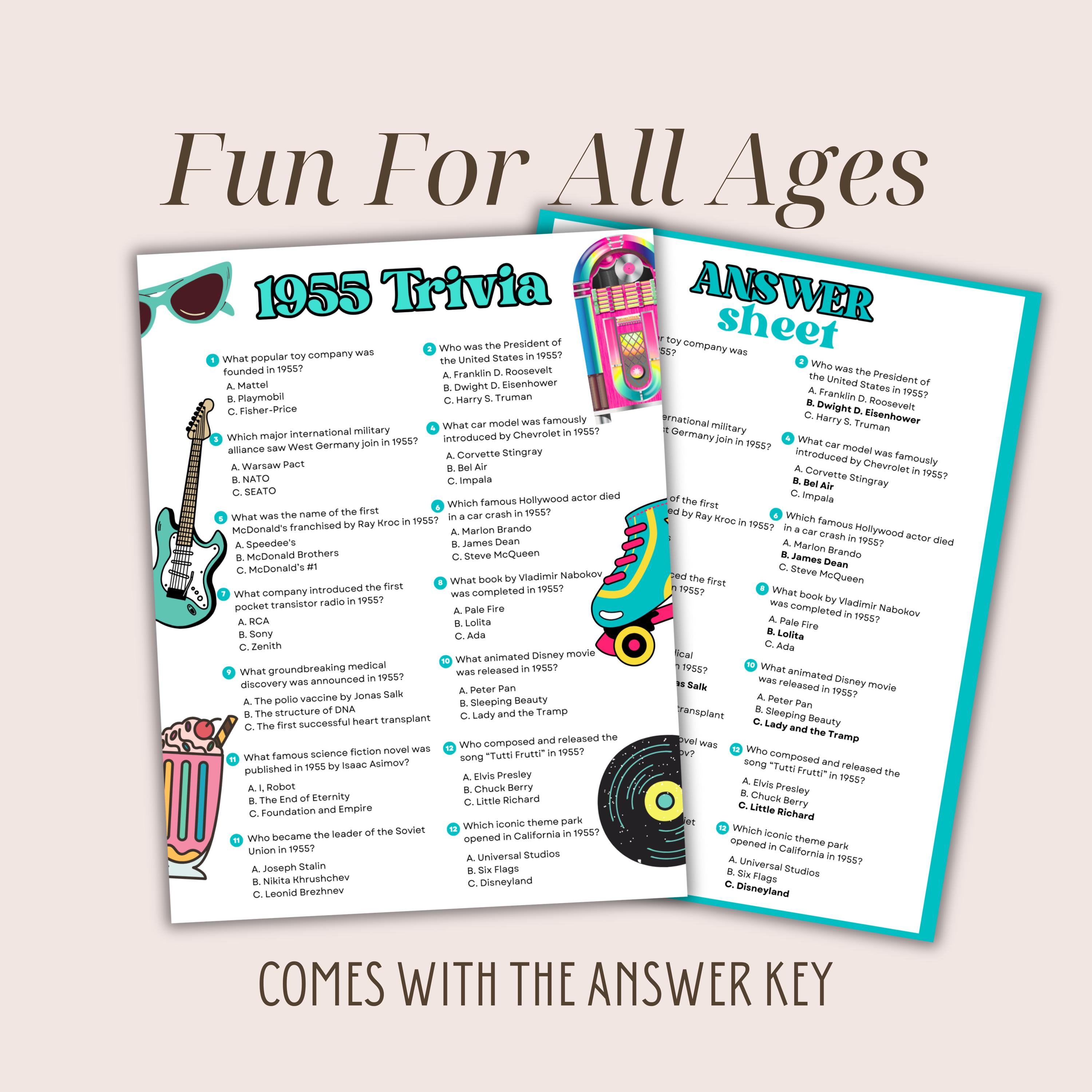 1955 Trivia Game, Printable 1955 Birthday Games, 1955 Reunion Party ...