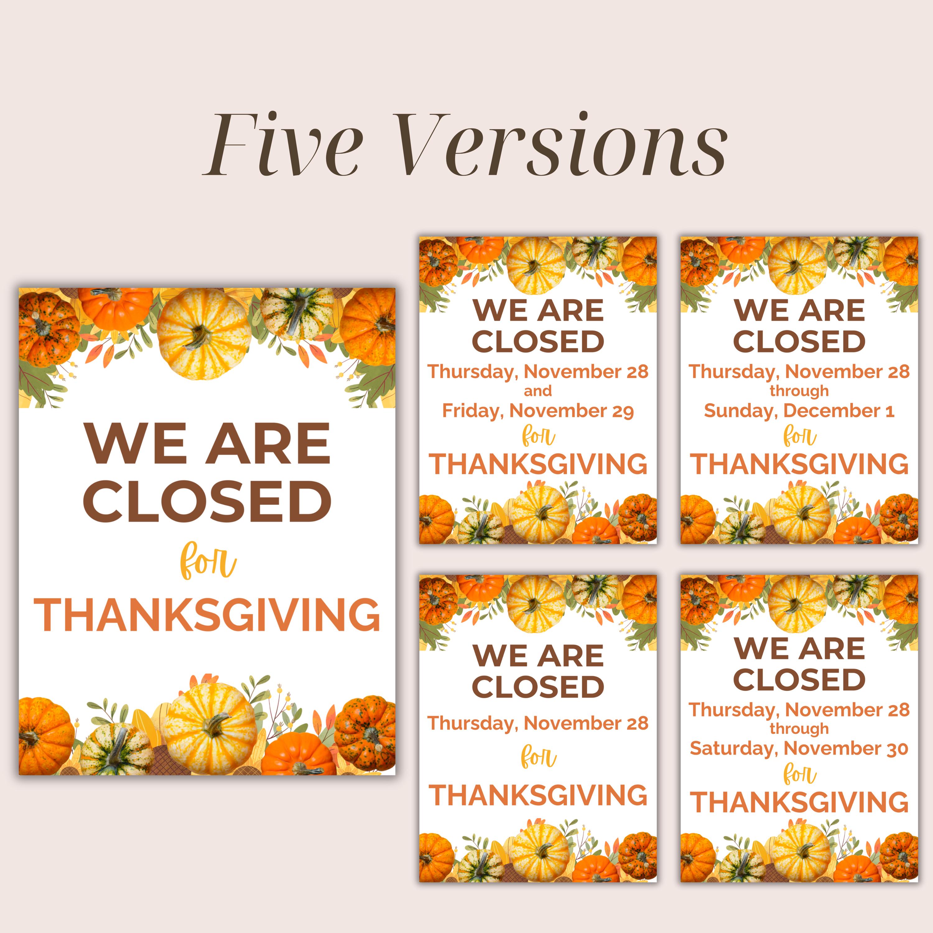We Are Closed for Thanksgiving Day Printable Sign, We Will Be Closed ...