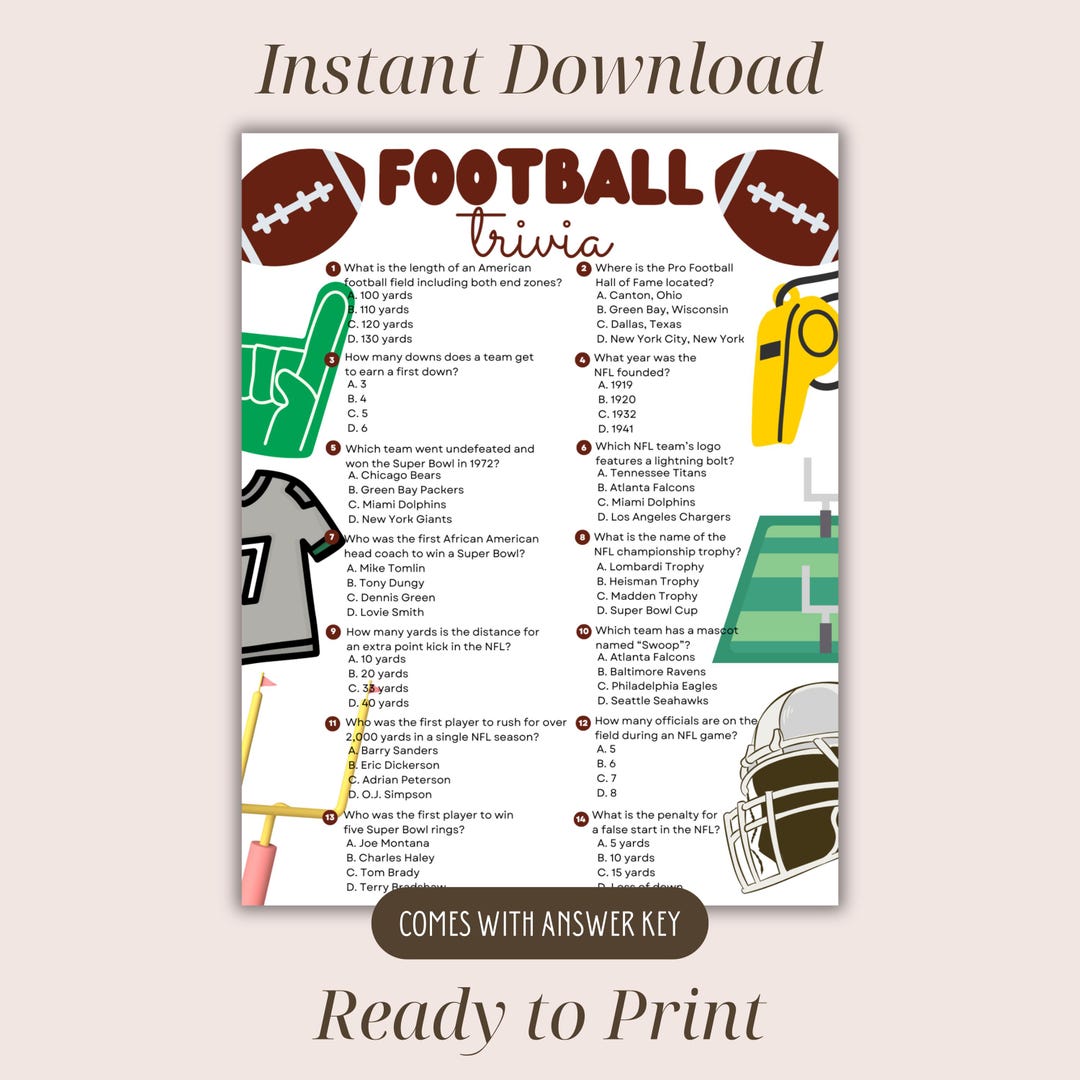 Football Trivia Game, Printable Football Party Game for Adults & Kids ...