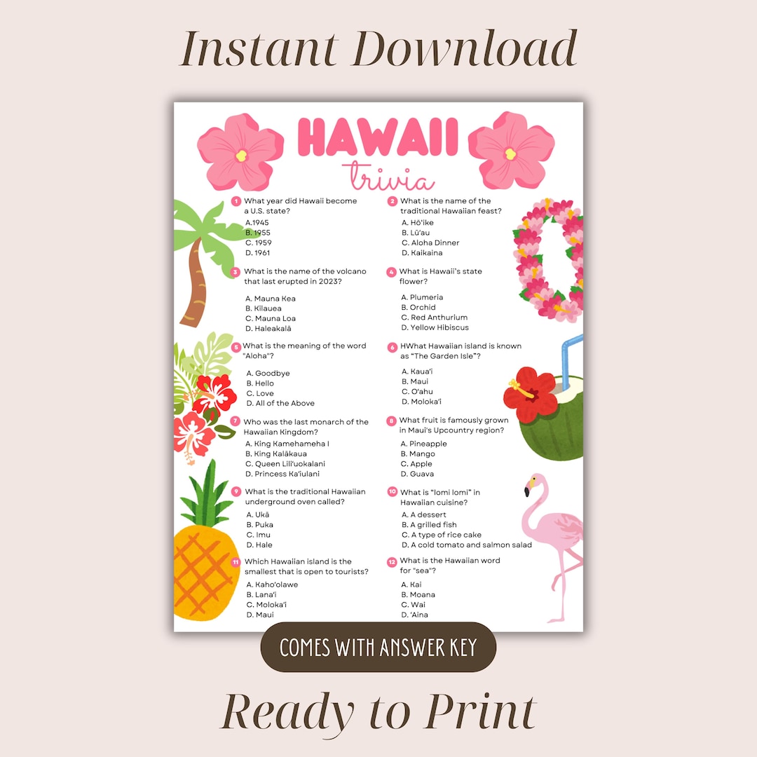 Hawaii Trivia Game, Printable Hawaii State Trivia, Hawaiian Themed ...