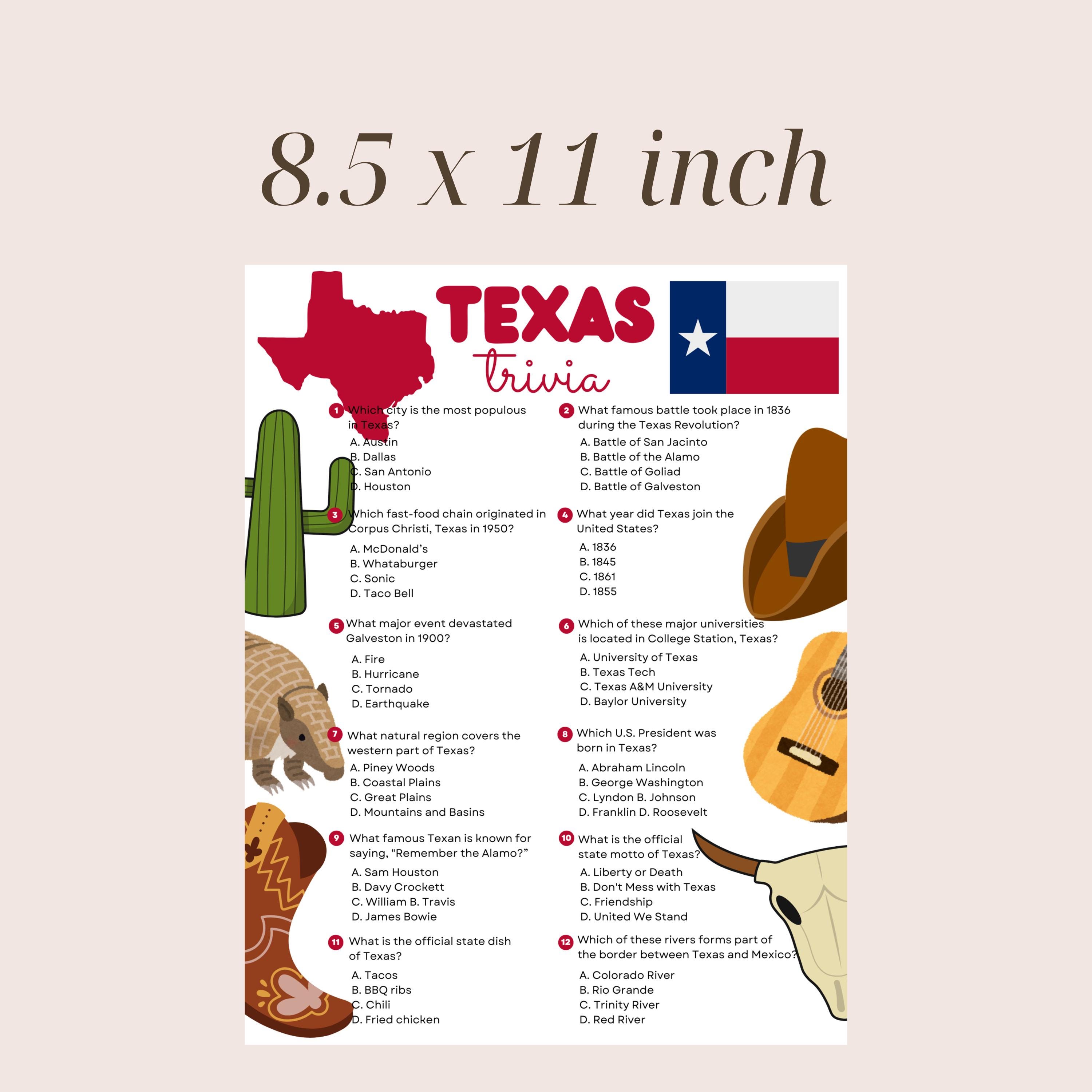 Texas Trivia Game, Printable United States Trivia Game for Kids and ...