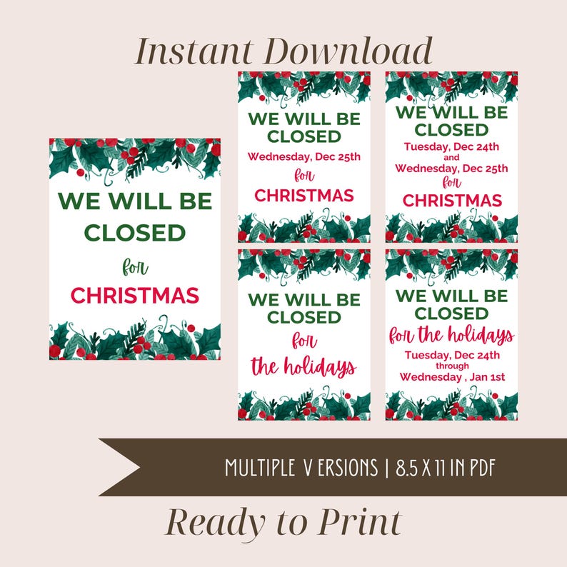 We Will Be Closed for Christmas Day Printable Sign, We Are Closed for ...