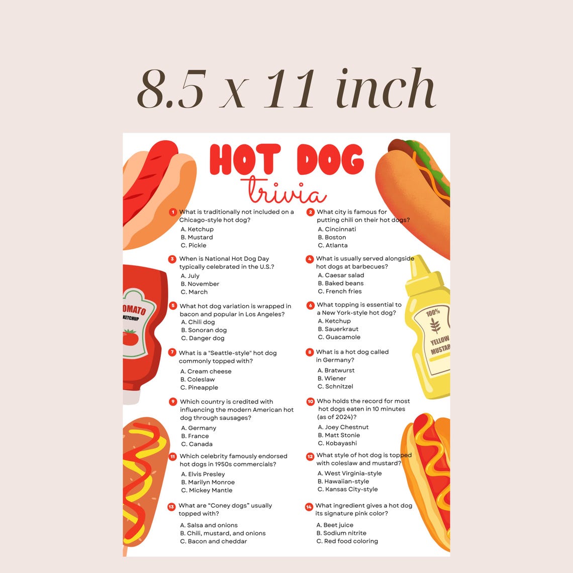Hot Dog Trivia Game, Printable Hot Dog Party Trivia, National Hot Dog ...