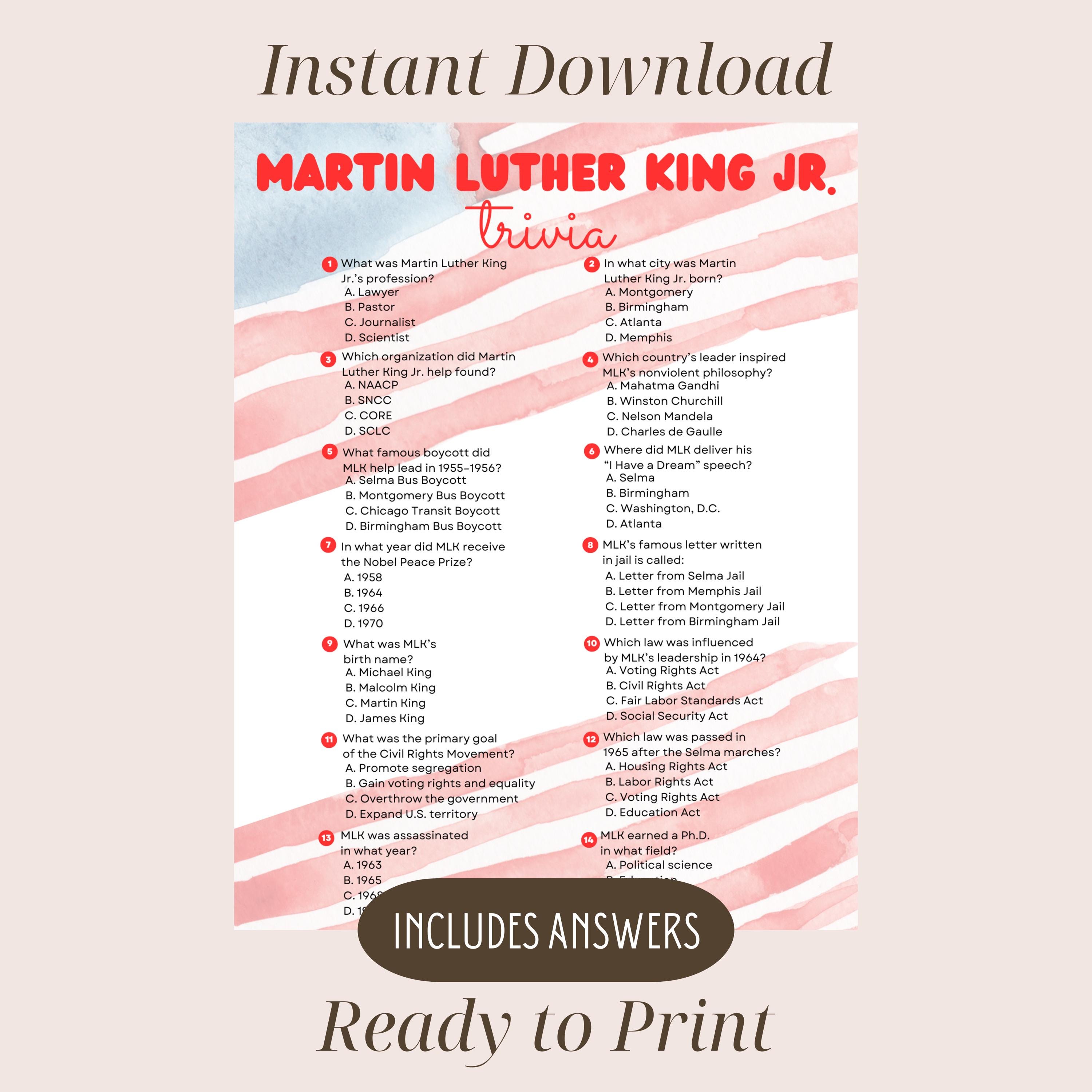 Martin Luther King Jr Trivia for Kids and Adults, MLK Jr Multiple ...