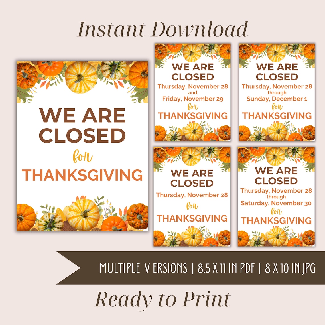 We Are Closed for Thanksgiving Day Printable Sign, We Will Be Closed ...