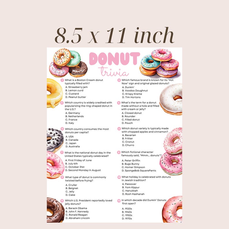 Donut Trivia Game, Printable Doughnut Game for Kids & Adults, Donut ...