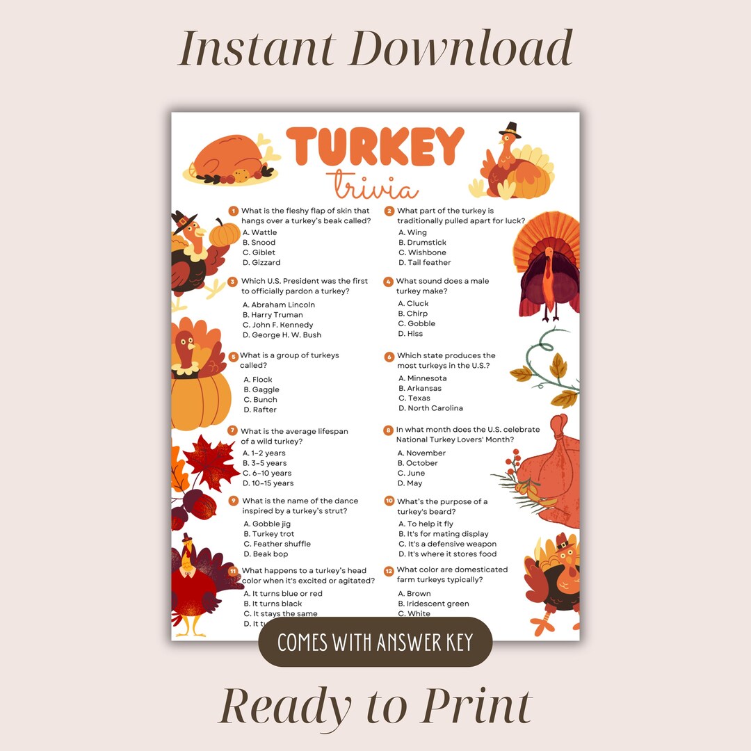 Turkey Trivia Game, Fall Trivia Game, Thanksgiving Family Trivia Game ...