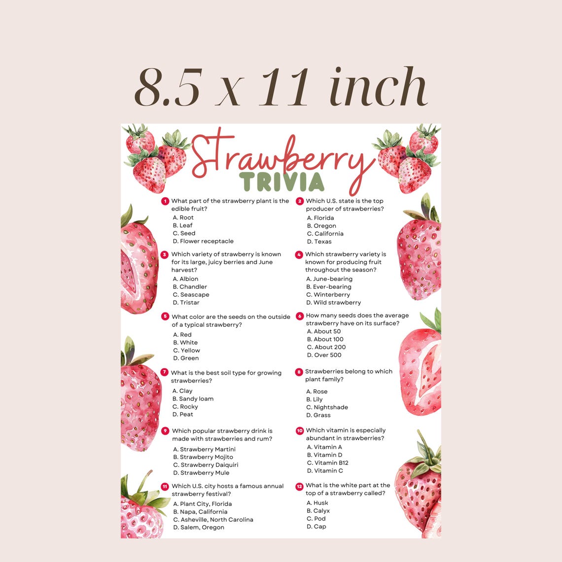 Strawberry Trivia Game, Printable Strawberries Trivia, Strawberry ...