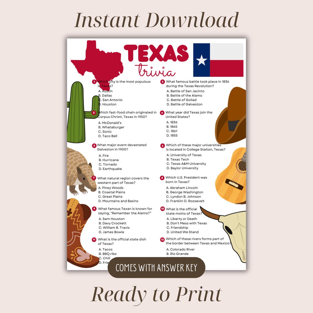 Texas Trivia Game, Printable United States Trivia Game for Kids and ...