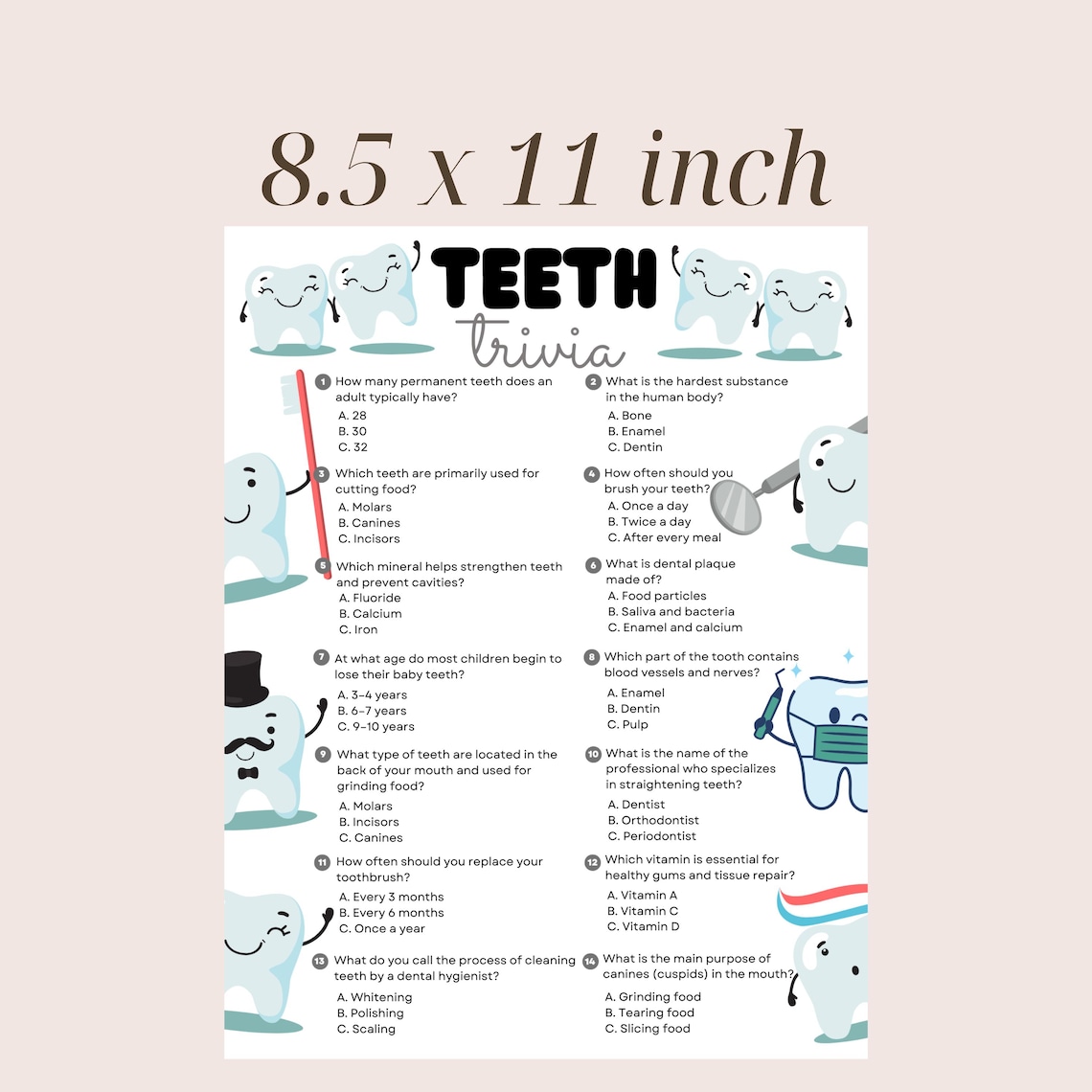 Teeth Trivia Game, Printable Dental Team Party Game for Adults & Kids ...