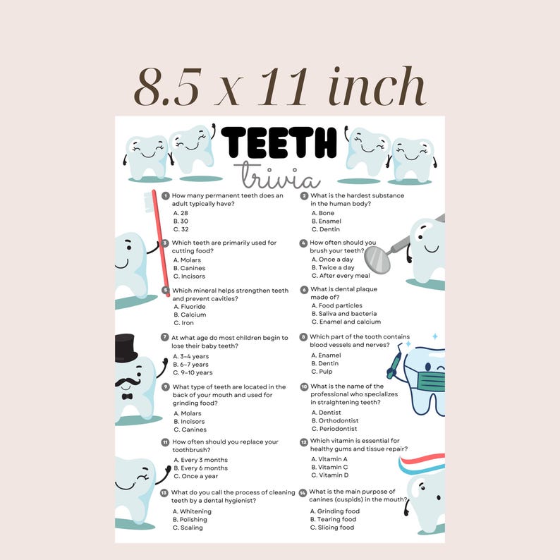 Teeth Trivia Game, Printable Dental Team Party Game for Adults & Kids ...