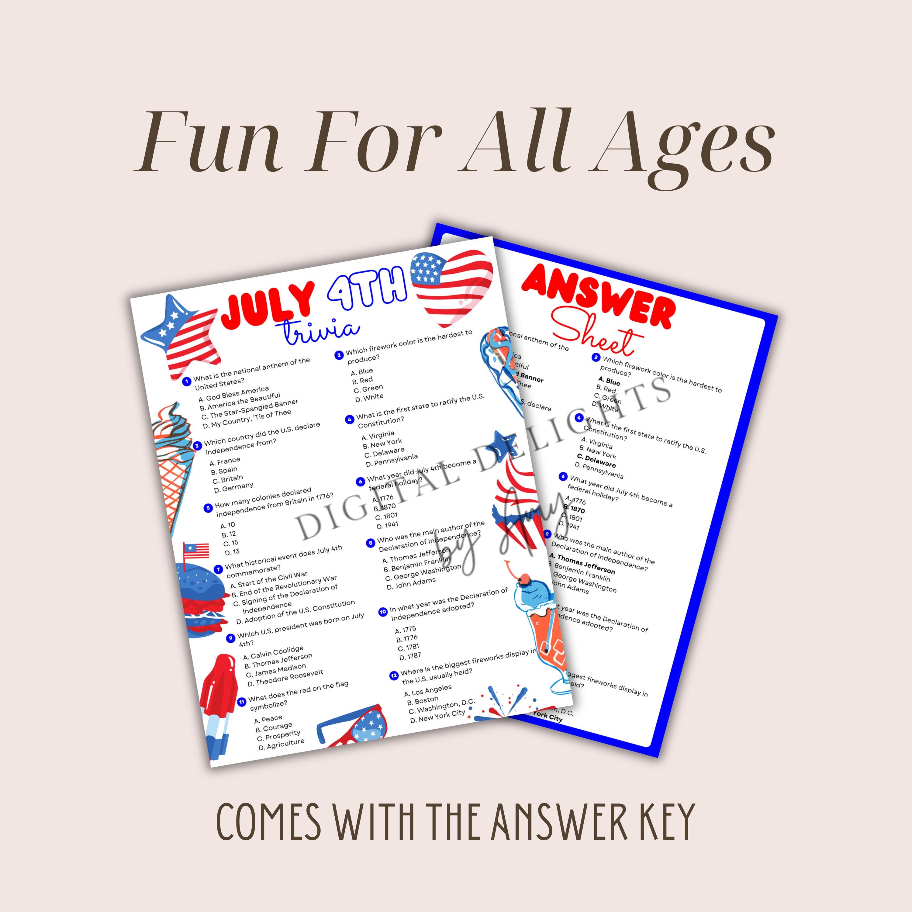 4th of July Trivia, July 4th Trivia, Patriotic Game, Independence Day ...