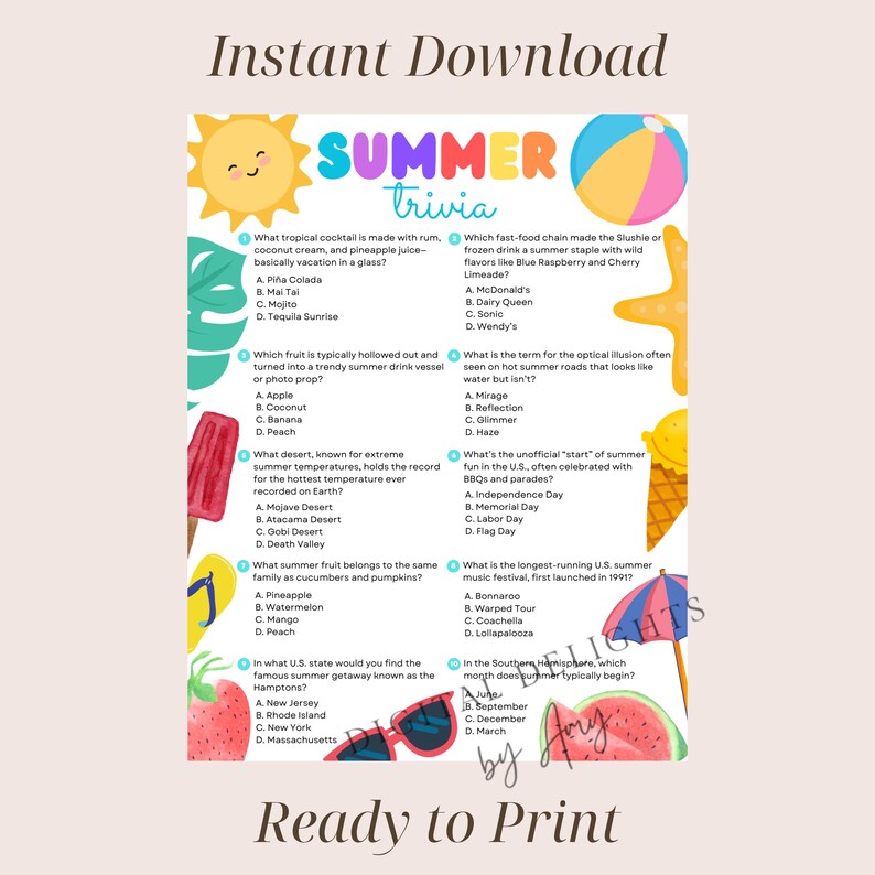 Summer Trivia Game, Summer Party Game, July 4th Family Game, Summertime ...
