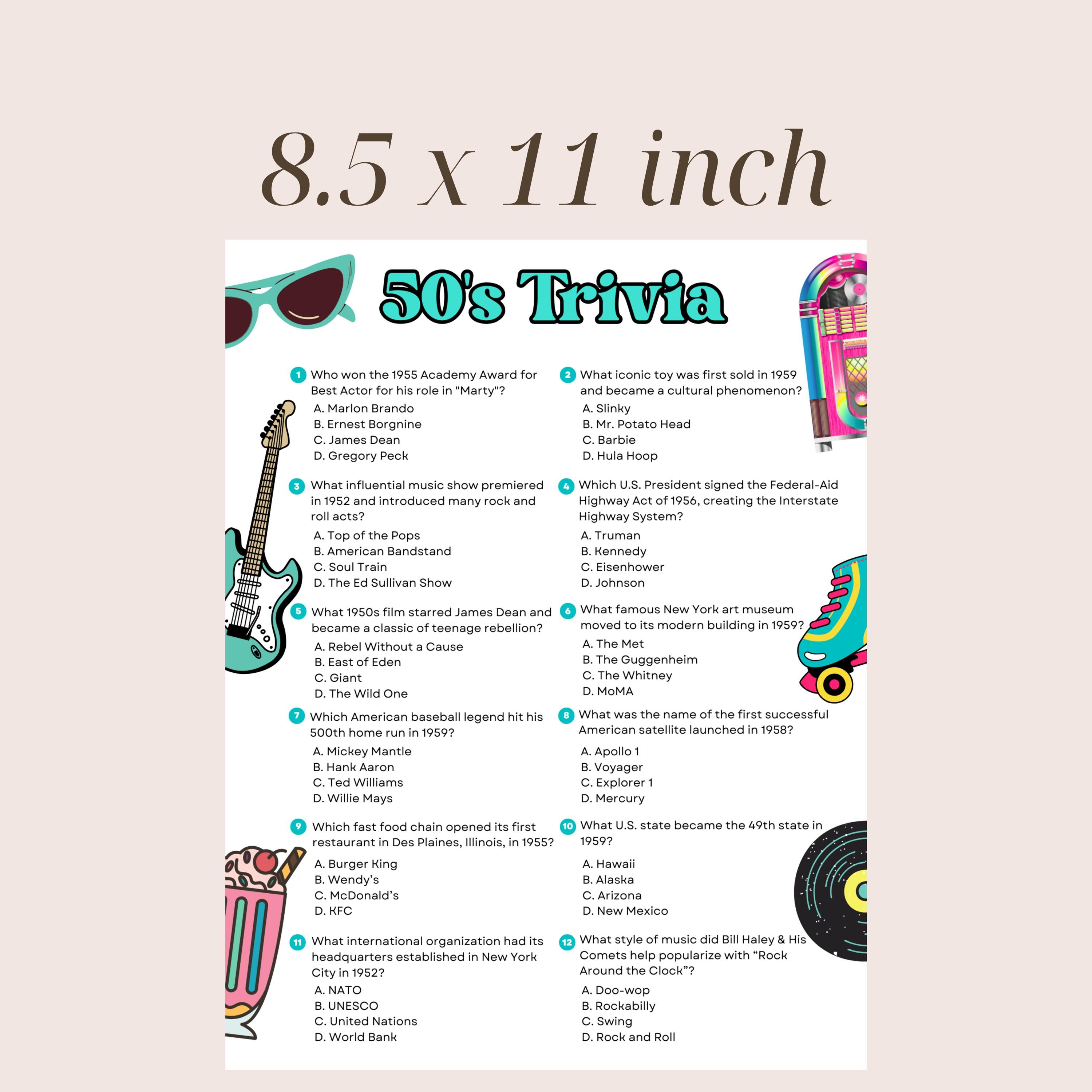 1950's Trivia Game, Printable Trivia Questions, 1950s Themed Party ...