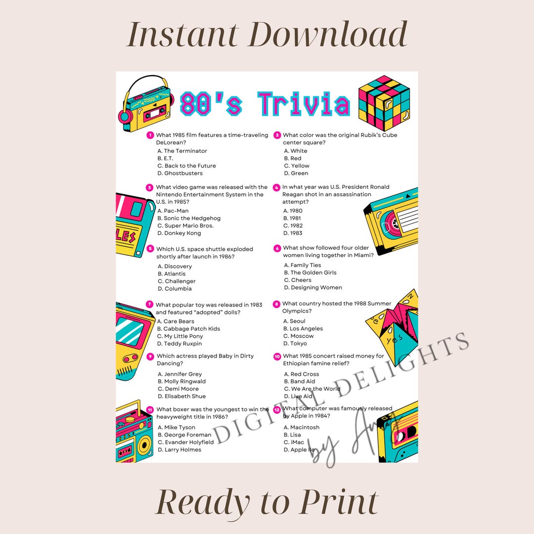 1980's Trivia Game, Printable Trivia Questions, 1980s Themed Party ...