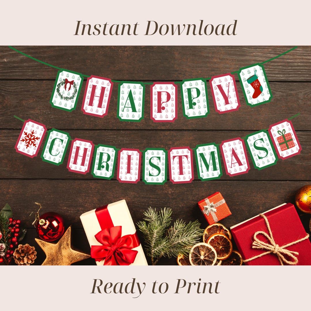 Happy Christmas Banner Printable Digital Download, Red and Green ...