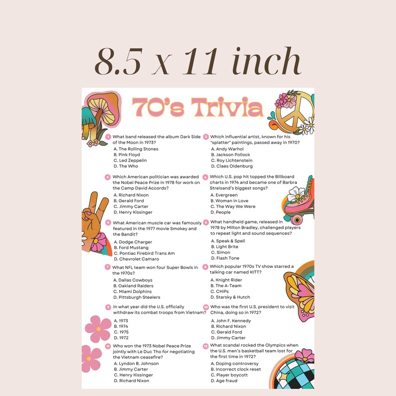 1970's Trivia Game, Printable Trivia Questions, 1970s Themed Party ...
