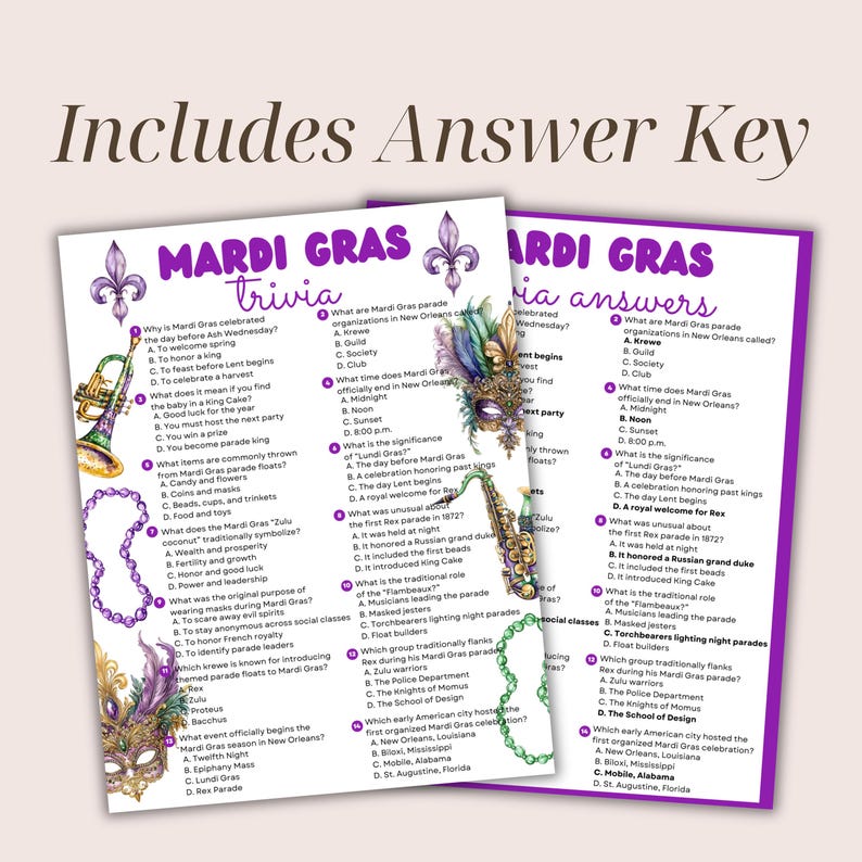 Mardi Gras Trivia Game, Fat Tuesday Party Game, Pub Trivia, New Orleans ...