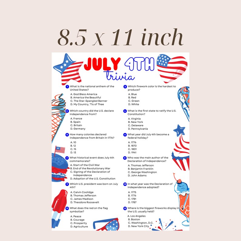 4th of July Trivia, July 4th Trivia, Patriotic Game, Independence Day ...