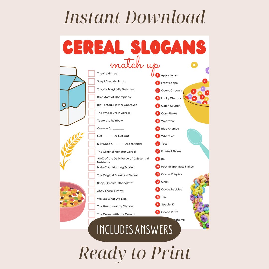 Cereal Slogan Trivia Game, Ad Slogan Match up Quiz, Family Game Night ...