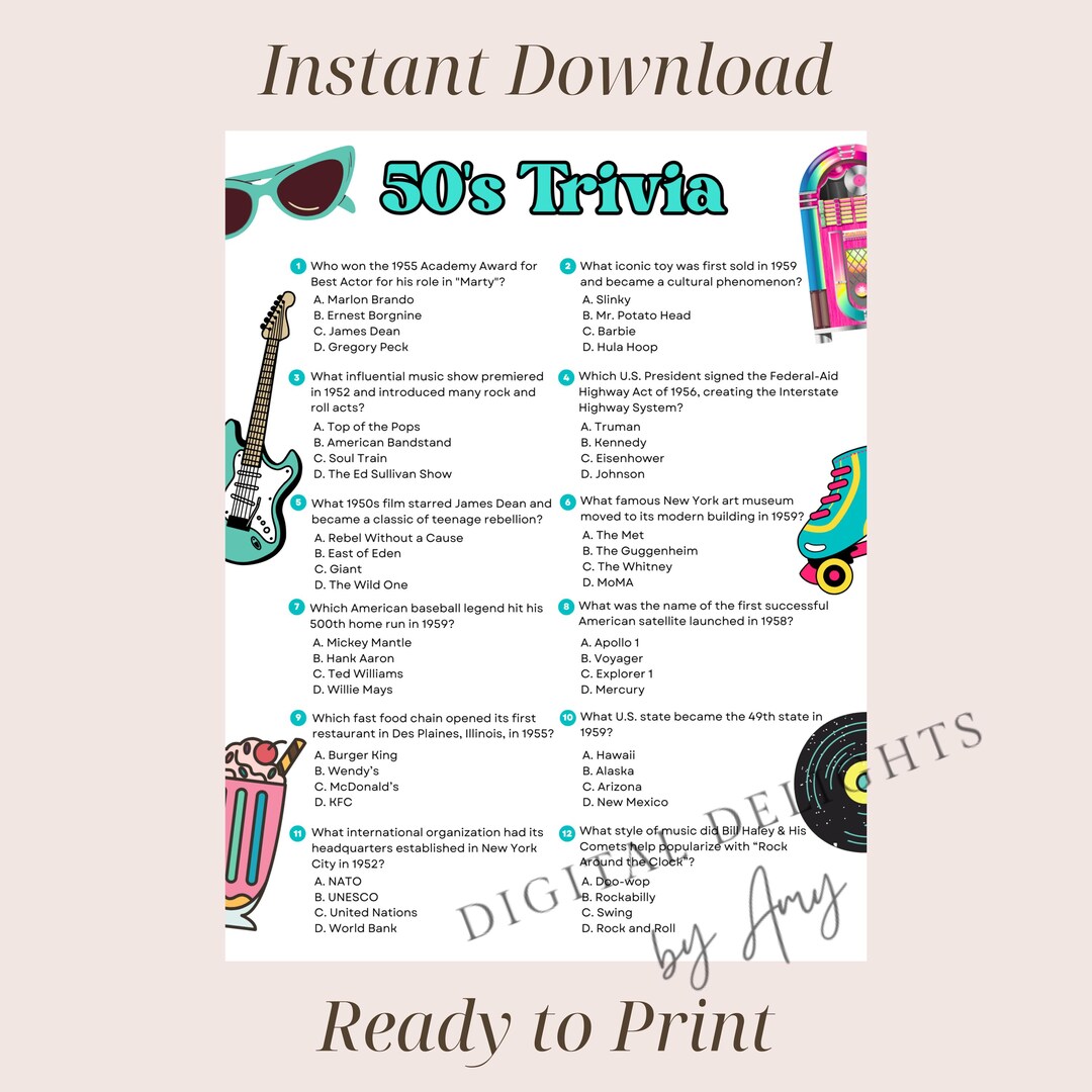 1950's Trivia Game, Printable Trivia Questions, 1950s Themed Party ...