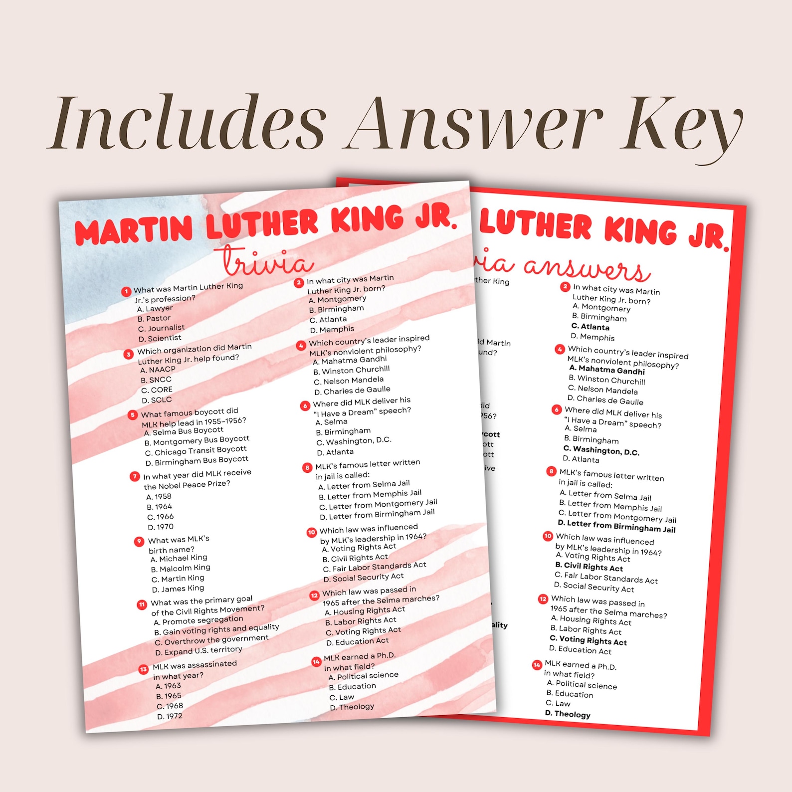 Martin Luther King Jr Trivia for Kids and Adults, MLK Jr Multiple ...