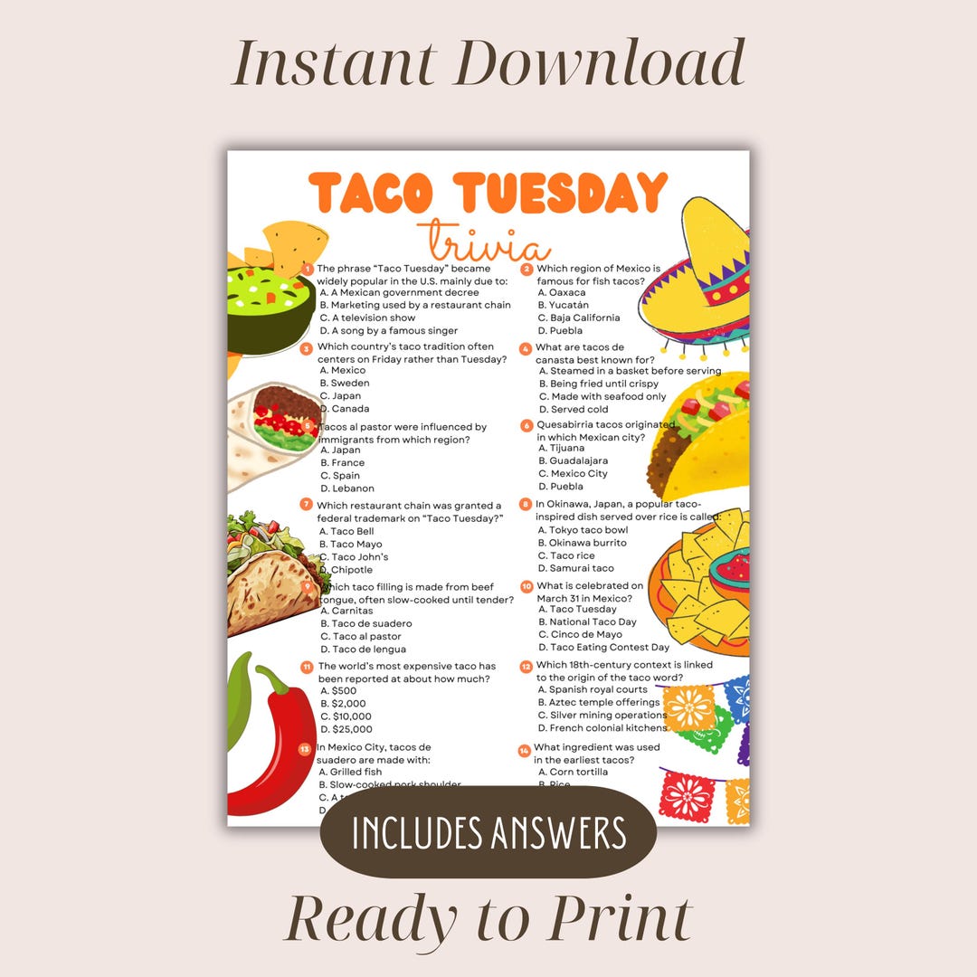 Taco Tuesday Trivia Game, Cinco De Mayo Activity, Taco Party Quiz (PDF ...