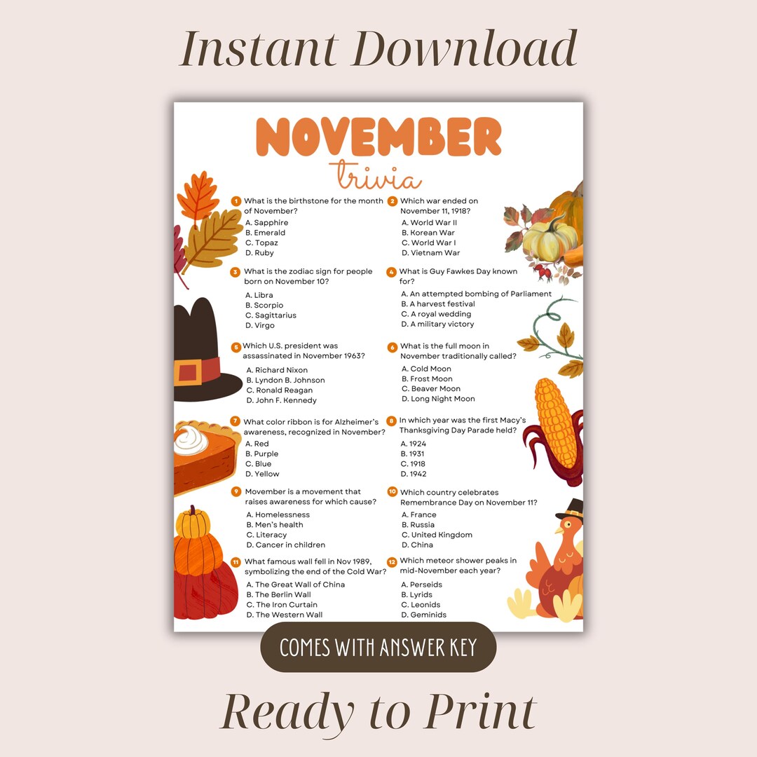 November Trivia Game, Monthly Fall Family Game, Fall Season Game ...