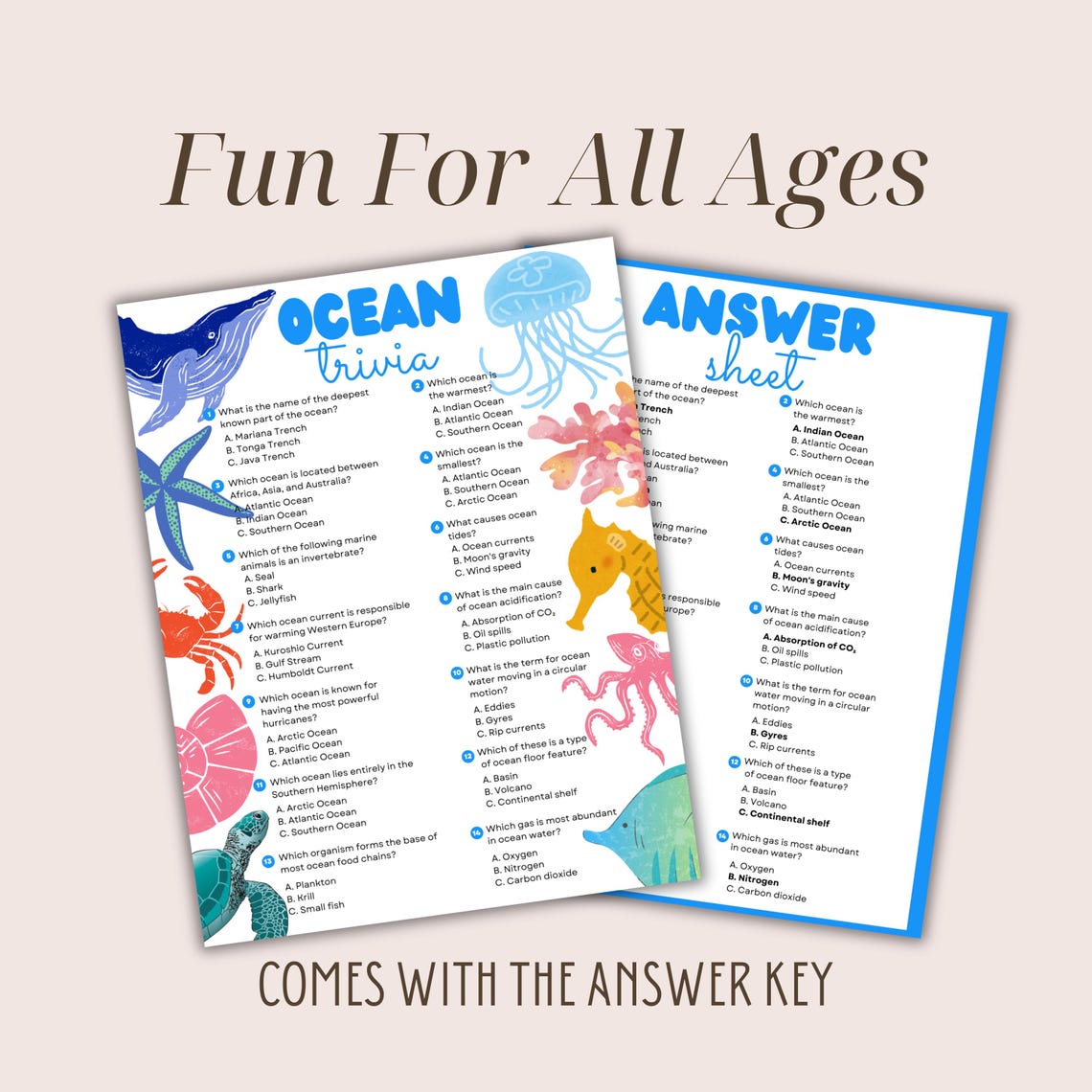 Ocean Trivia Game, Printable Sea Life Quiz, Ocean Theme Game, Marine ...