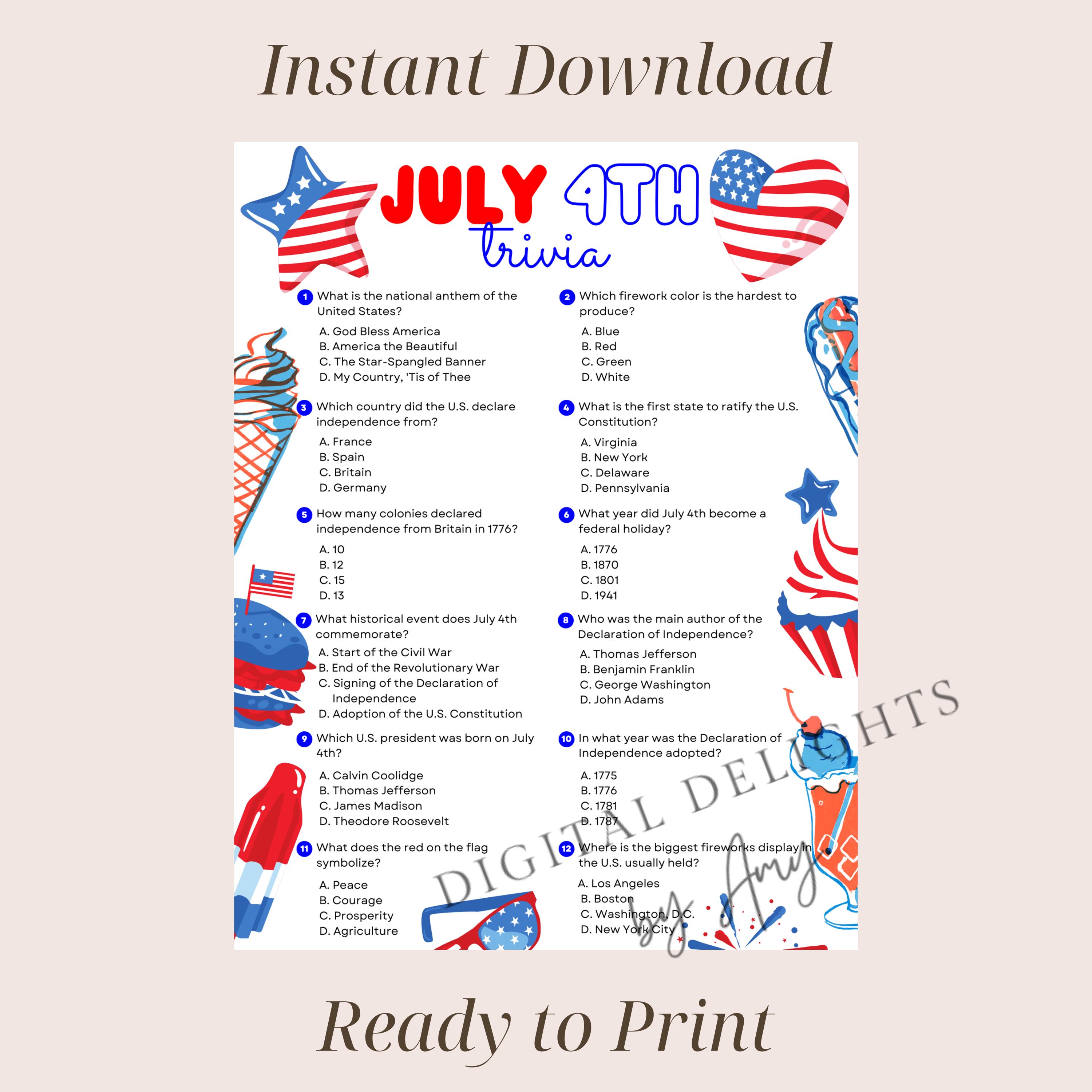 4th of July Trivia, July 4th Trivia, Patriotic Game, Independence Day ...