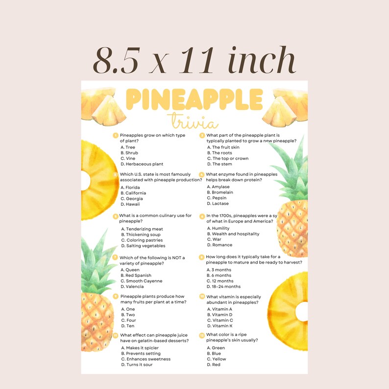 Pineapple Trivia Game, Printable Pineapple Party Trivia, Summer Themed ...