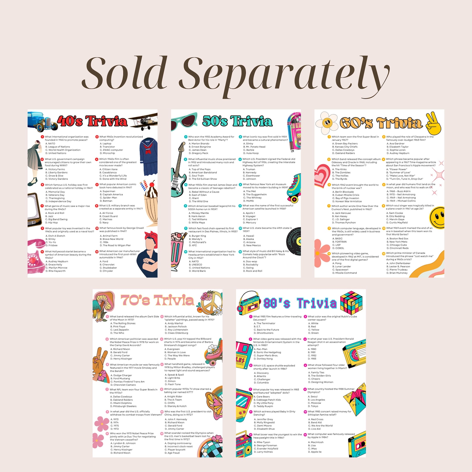 1950's Trivia Game, Printable Trivia Questions, 1950s Themed Party ...