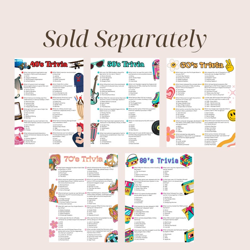 1950's Trivia Game, Printable Trivia Questions, 1950s Themed Party, Decades Trivia, Family Game ...