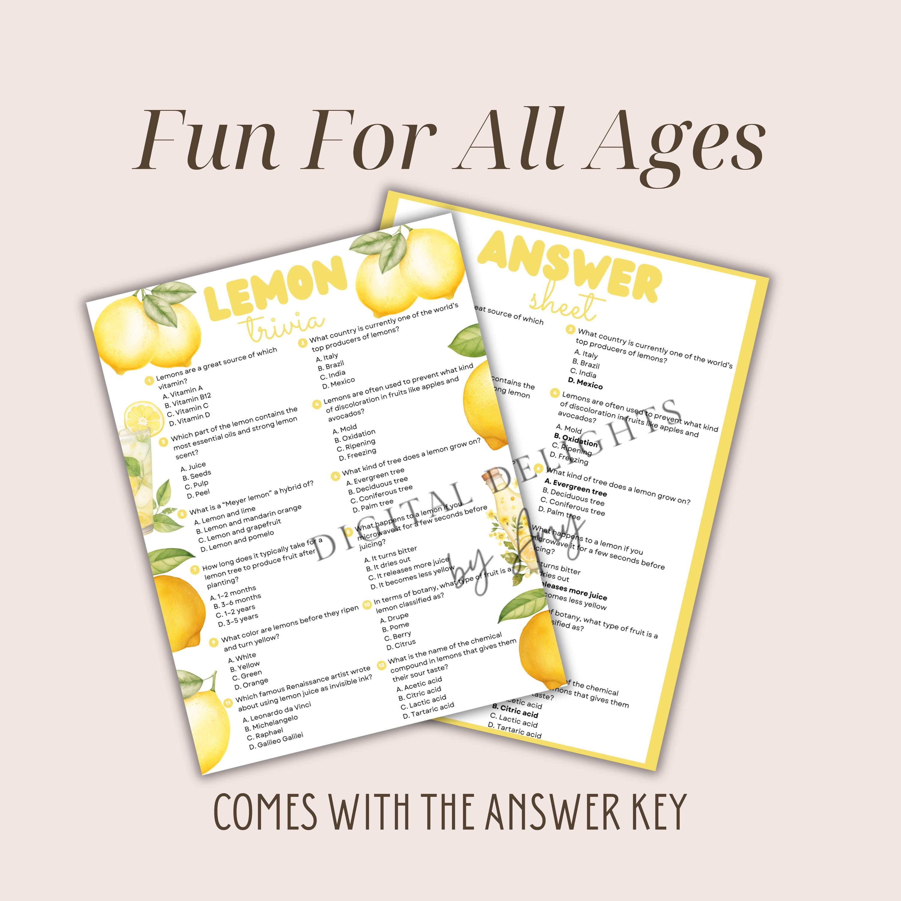 Lemon Trivia Game, Printable Lemon Pie Game for Kids & Adults, Lemon ...