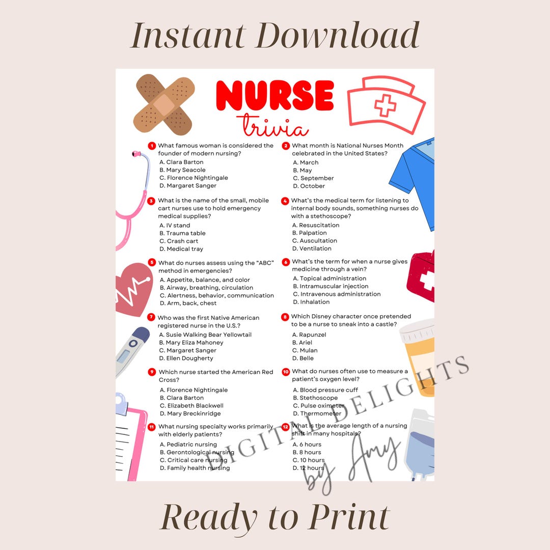 Nurse Trivia Game, Printable Nurse Game, Nurse Appreciation, Healthcare ...