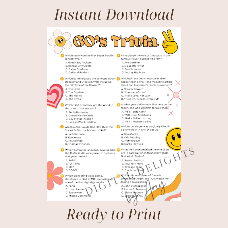 1960's Trivia Game, Printable Trivia Questions, 1960s Themed Party ...