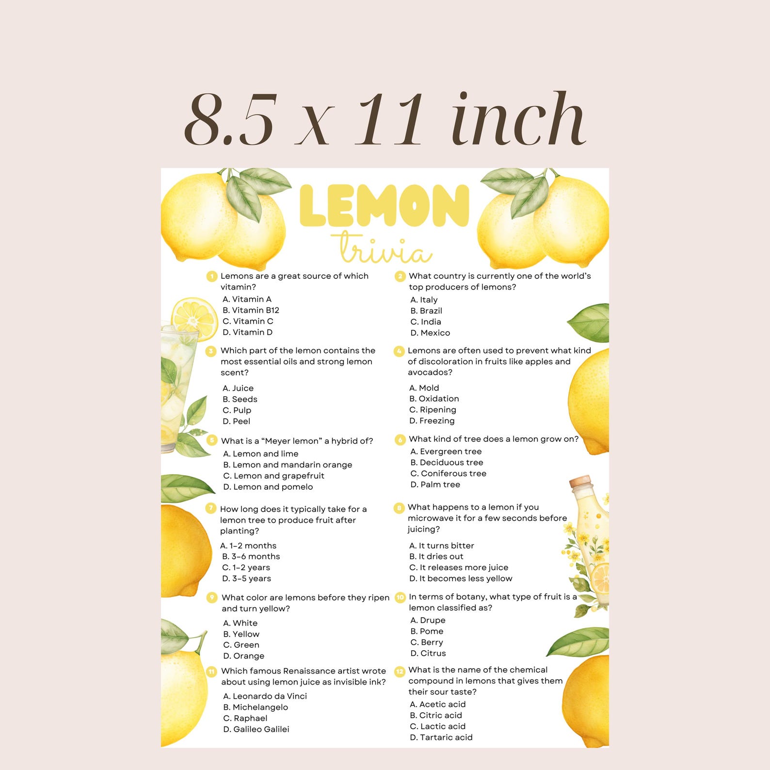 Lemon Trivia Game, Printable Lemon Pie Game for Kids & Adults, Lemon ...