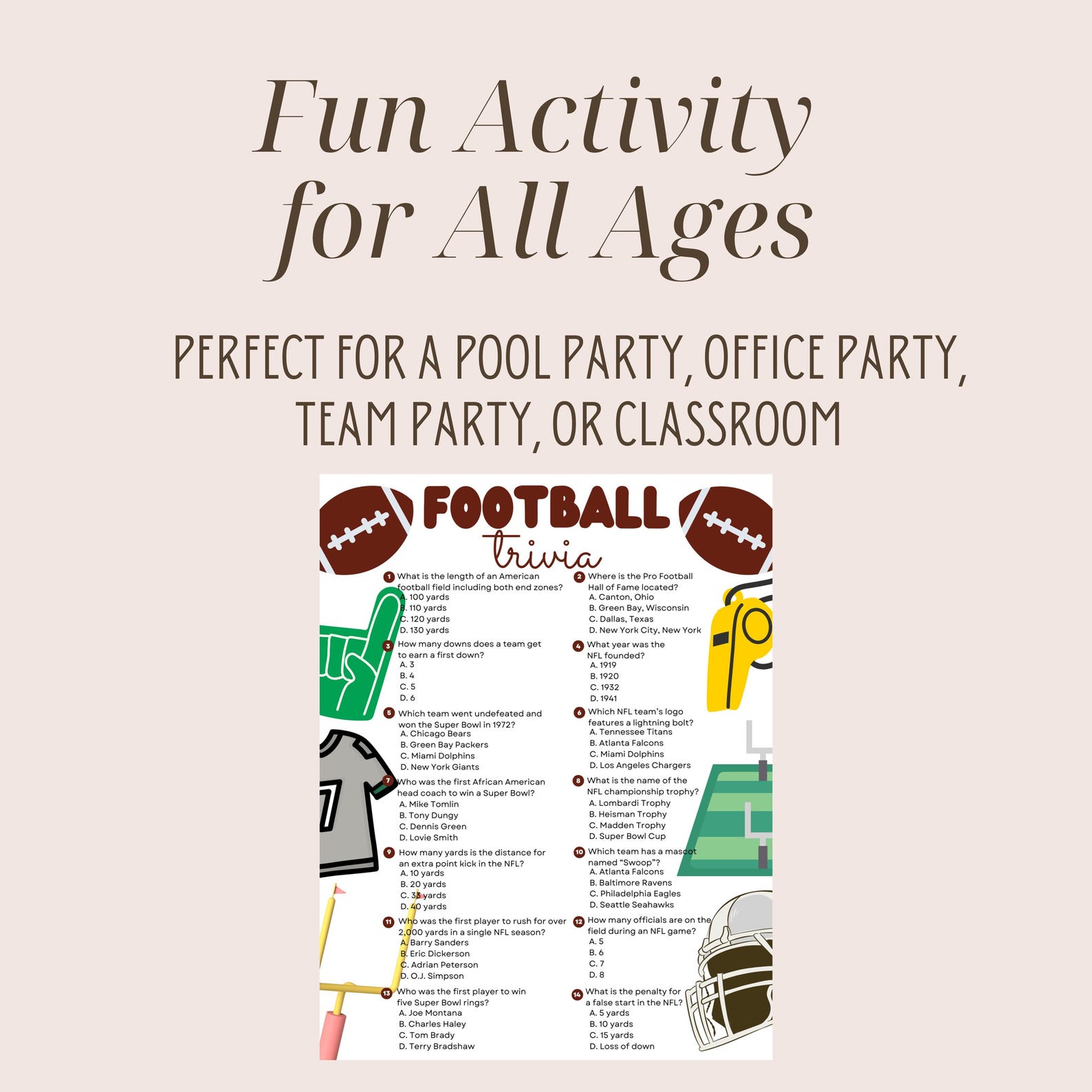 Football Trivia Game, Printable Football Party Game for Adults & Kids ...