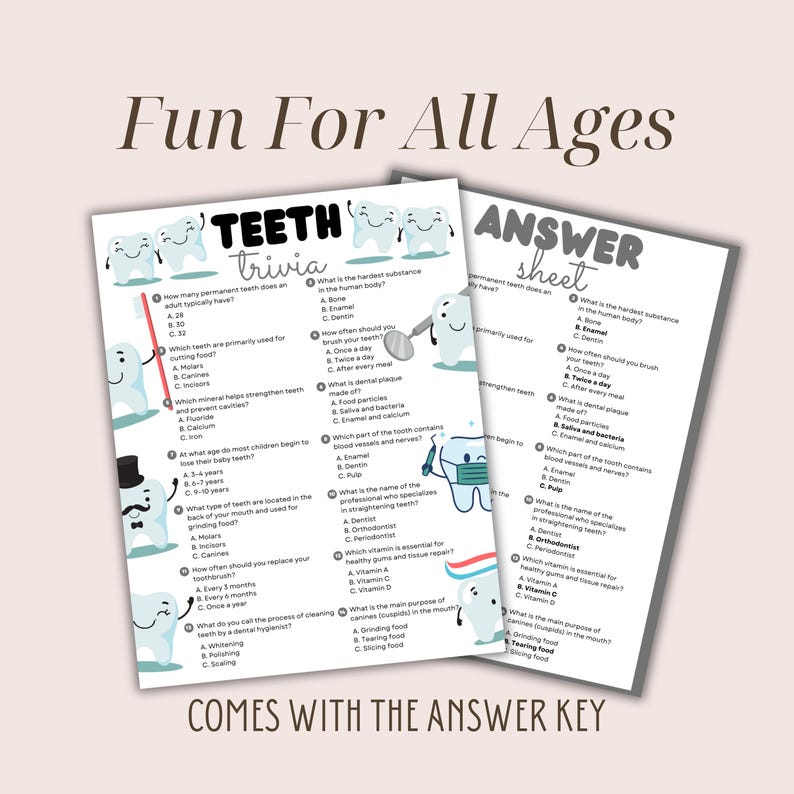 Teeth Trivia Game, Printable Dental Team Party Game for Adults & Kids ...