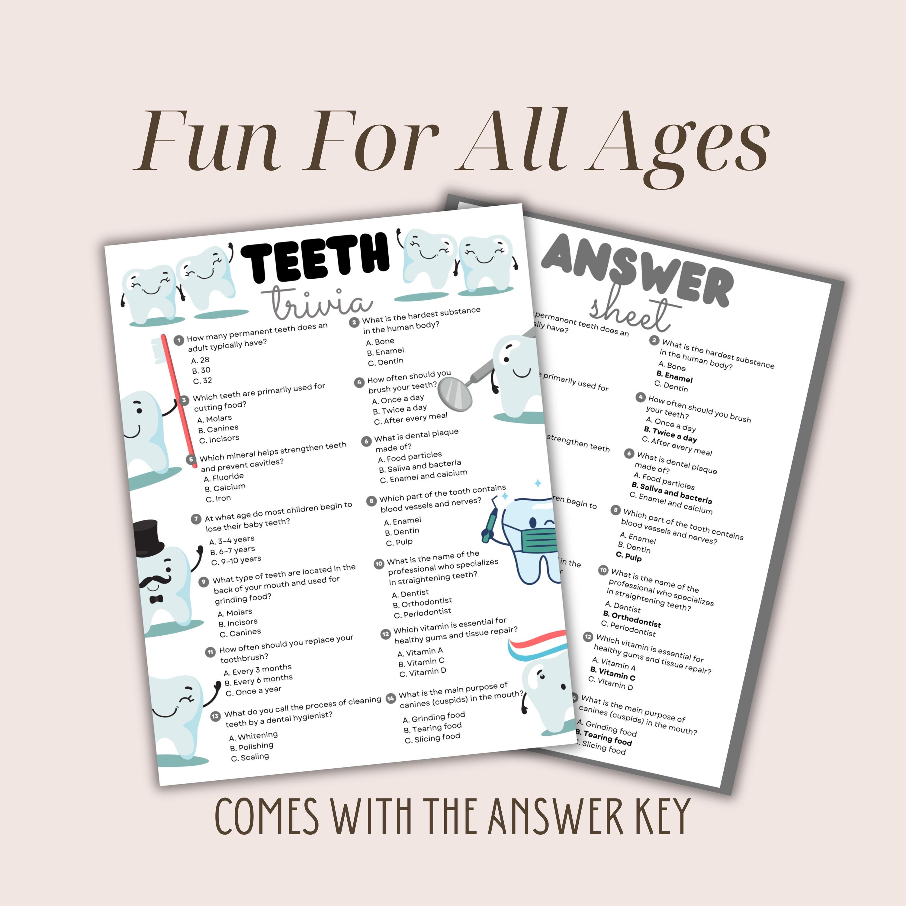 Teeth Trivia Game, Printable Dental Team Party Game for Adults & Kids ...