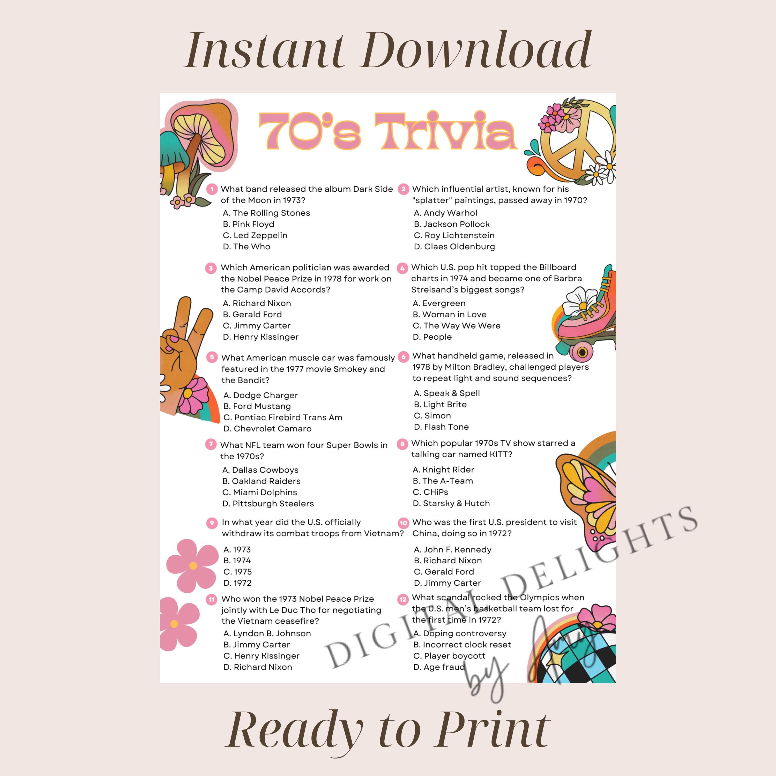 1970's Trivia Game, Printable Trivia Questions, 1970s Themed Party ...
