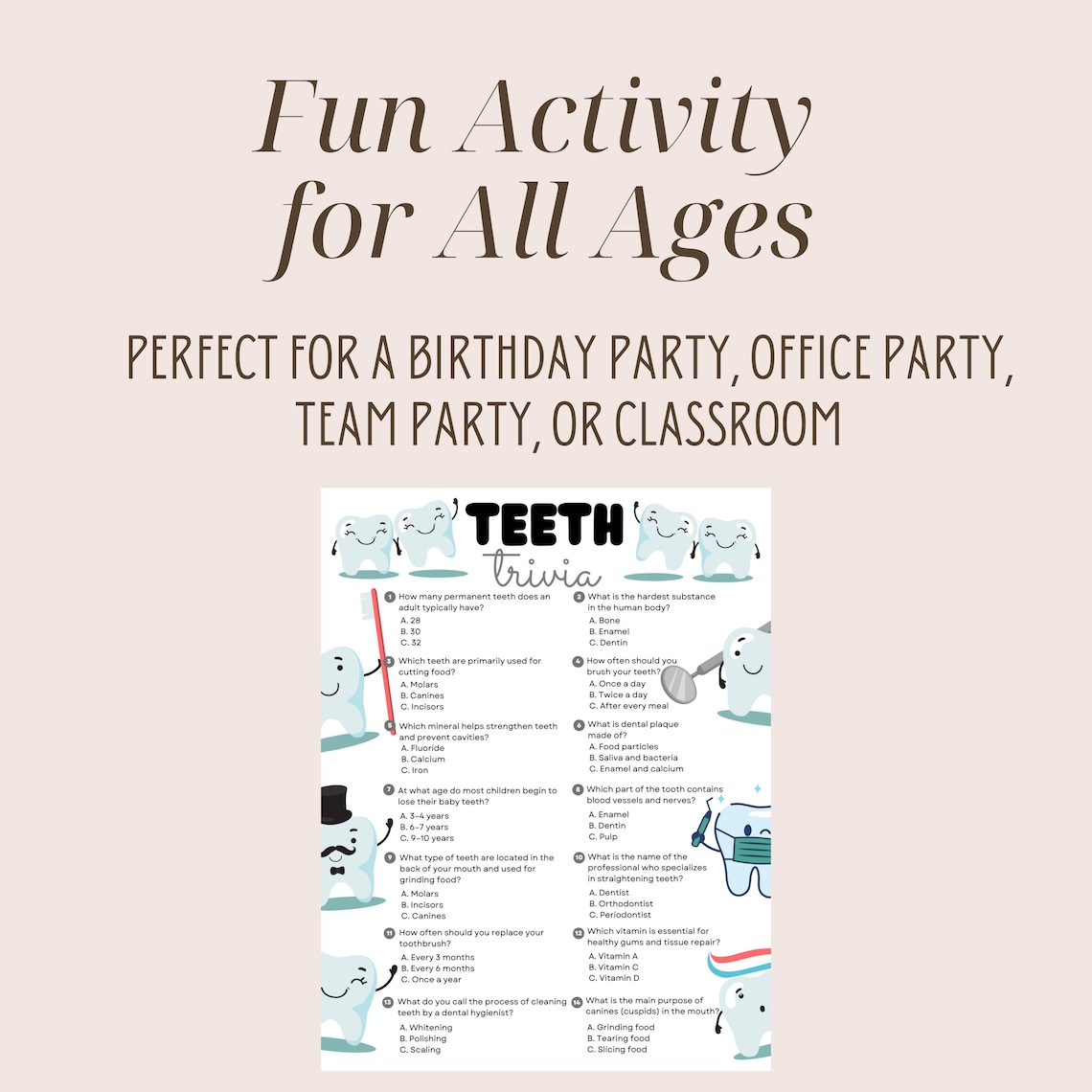 Teeth Trivia Game, Printable Dental Team Party Game for Adults & Kids ...