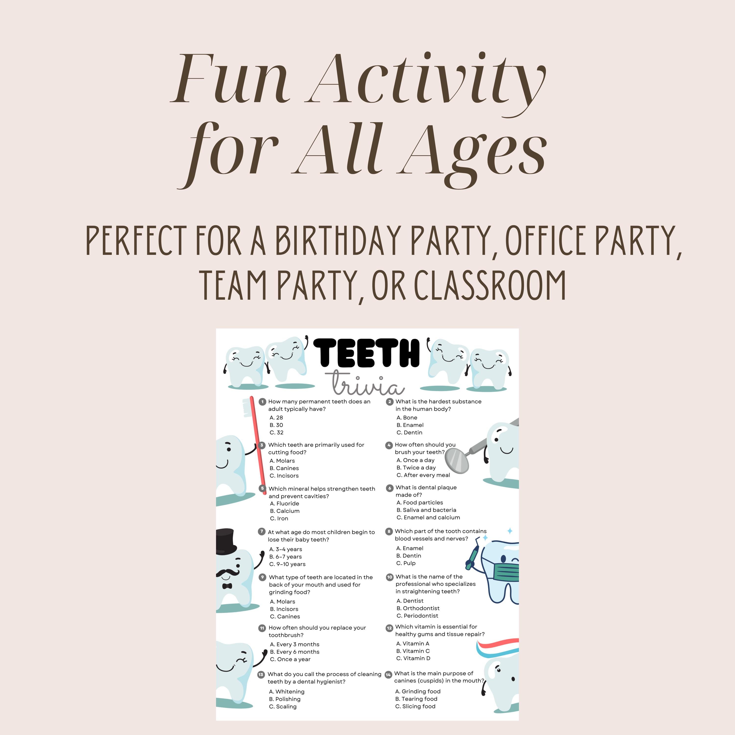 Teeth Trivia Game, Printable Dental Team Party Game for Adults & Kids ...