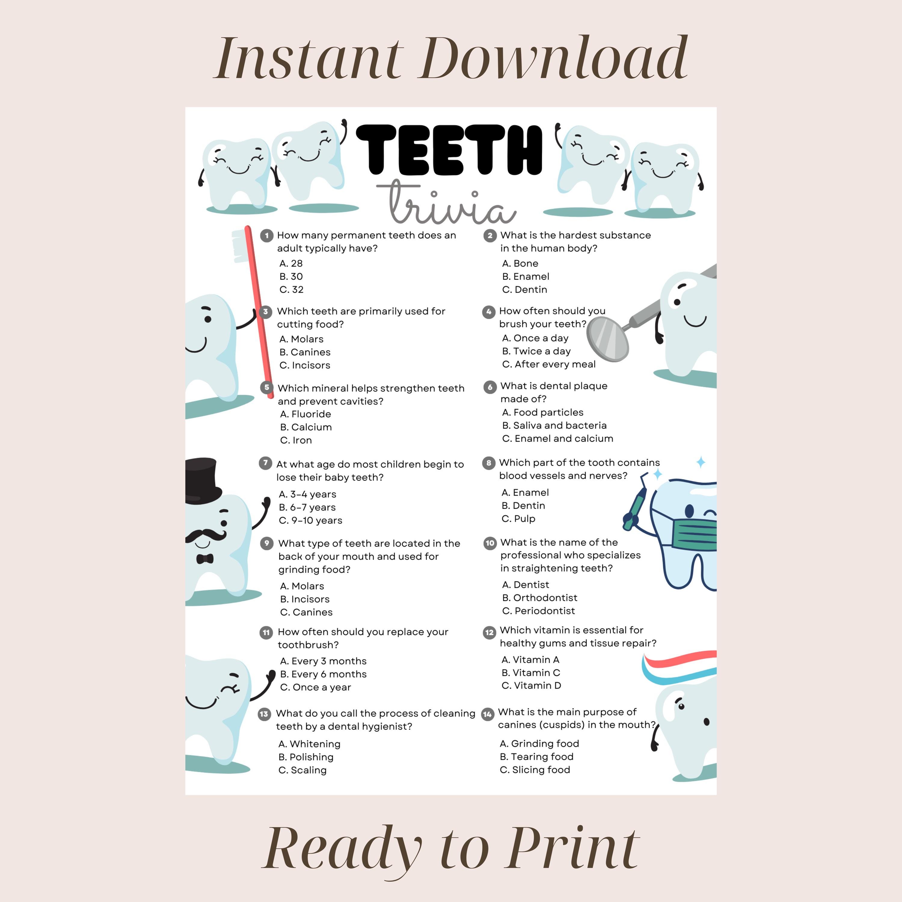 Teeth Trivia Game, Printable Dental Team Party Game for Adults & Kids ...