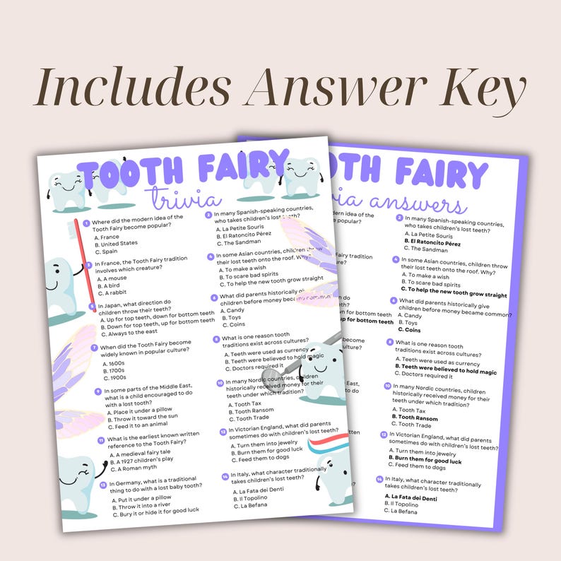 Tooth Fairy Trivia Game, Printable Dental Team Party Game for Adults ...